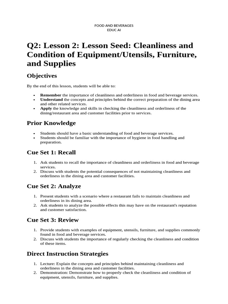 Educ Ai Food and Beverages Cleanliness | PDF | Restaurants | Foodservice