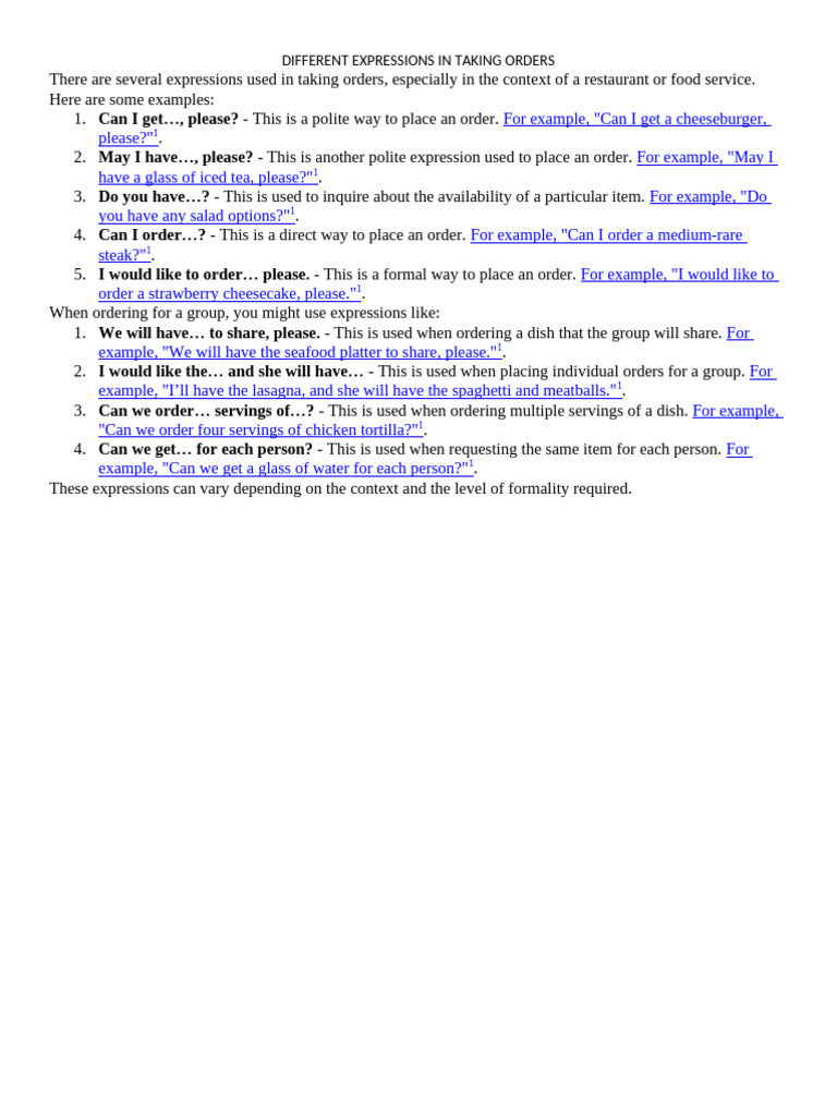Expressions for Taking Orders | PDF