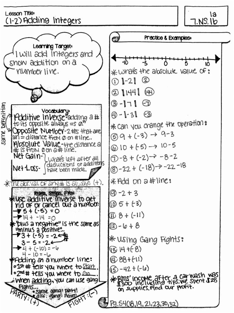 AddingIntegersLessonPlanStudentNotesTemplate 1 | PDF
