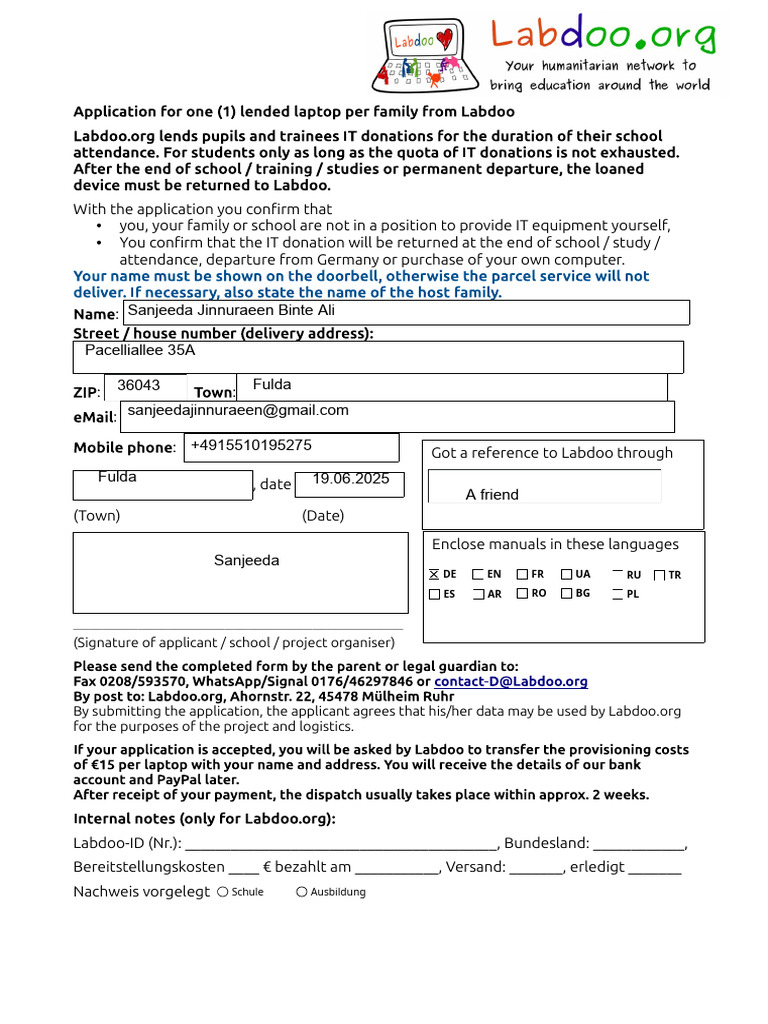 Labdoo Laptop Loan Application Form | PDF | Computing