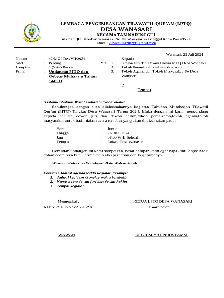 Undangan MTQ Desa Wanasari 2024 | PDF