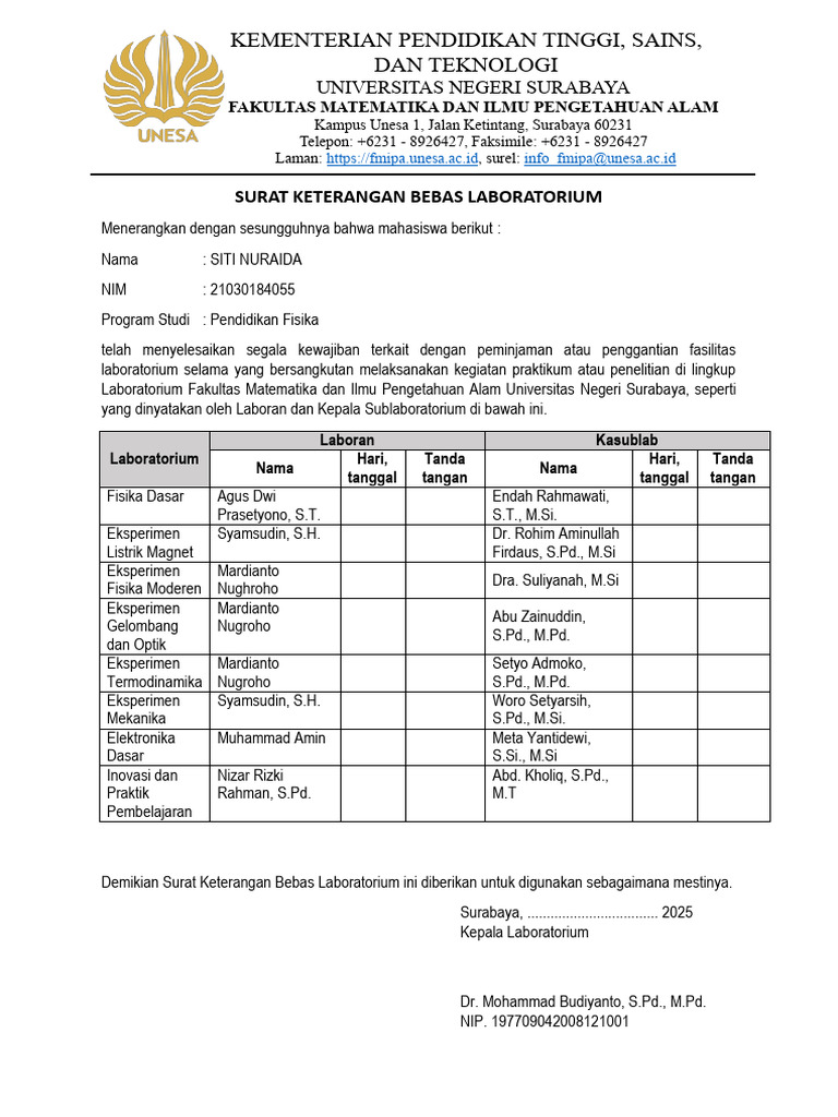 2023 - Surat Keterangan Bebas Laboratorium Rev. - Fisika | PDF