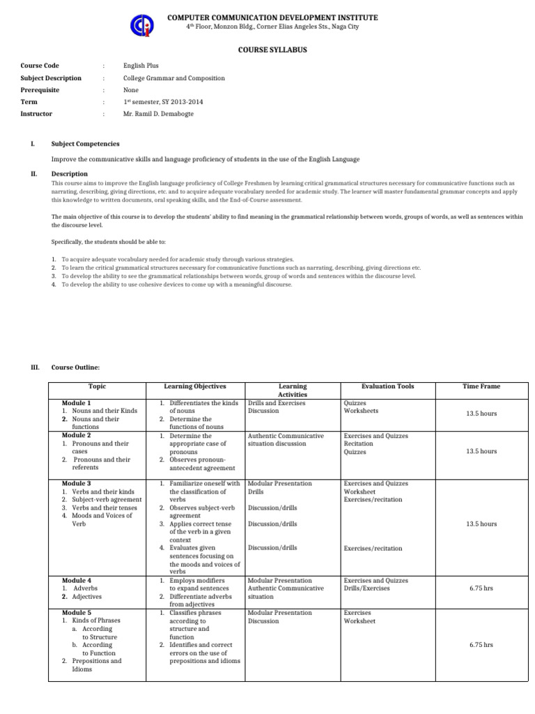 English Plus: College Grammar Syllabus | PDF | Verb | Adverb