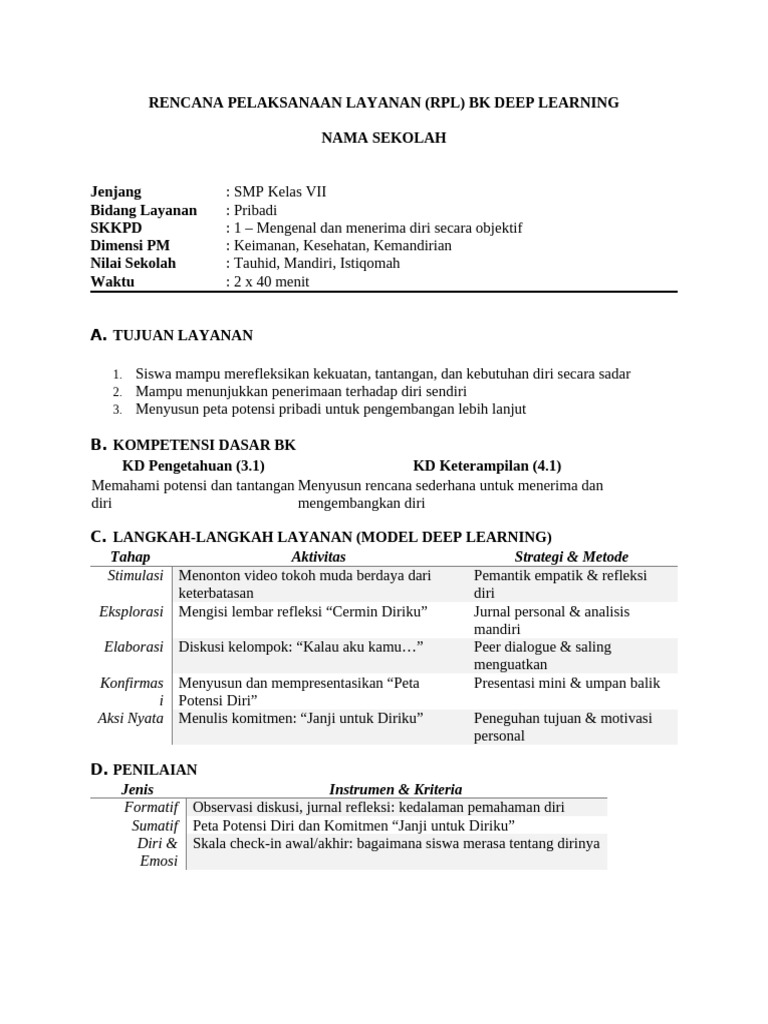 Rencana Pelaksanaan Layanan BK Kelas Vii Kurikulum Deep Learning | PDF