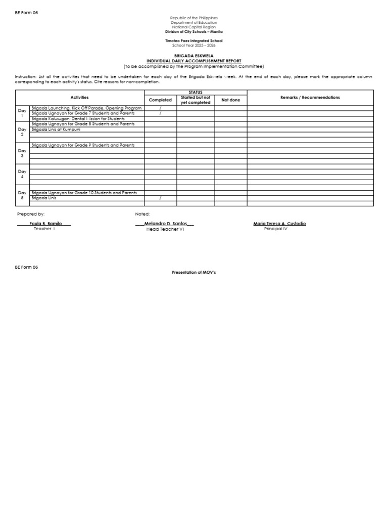Brigada Eskwela Daily Report 2025-2026 | PDF