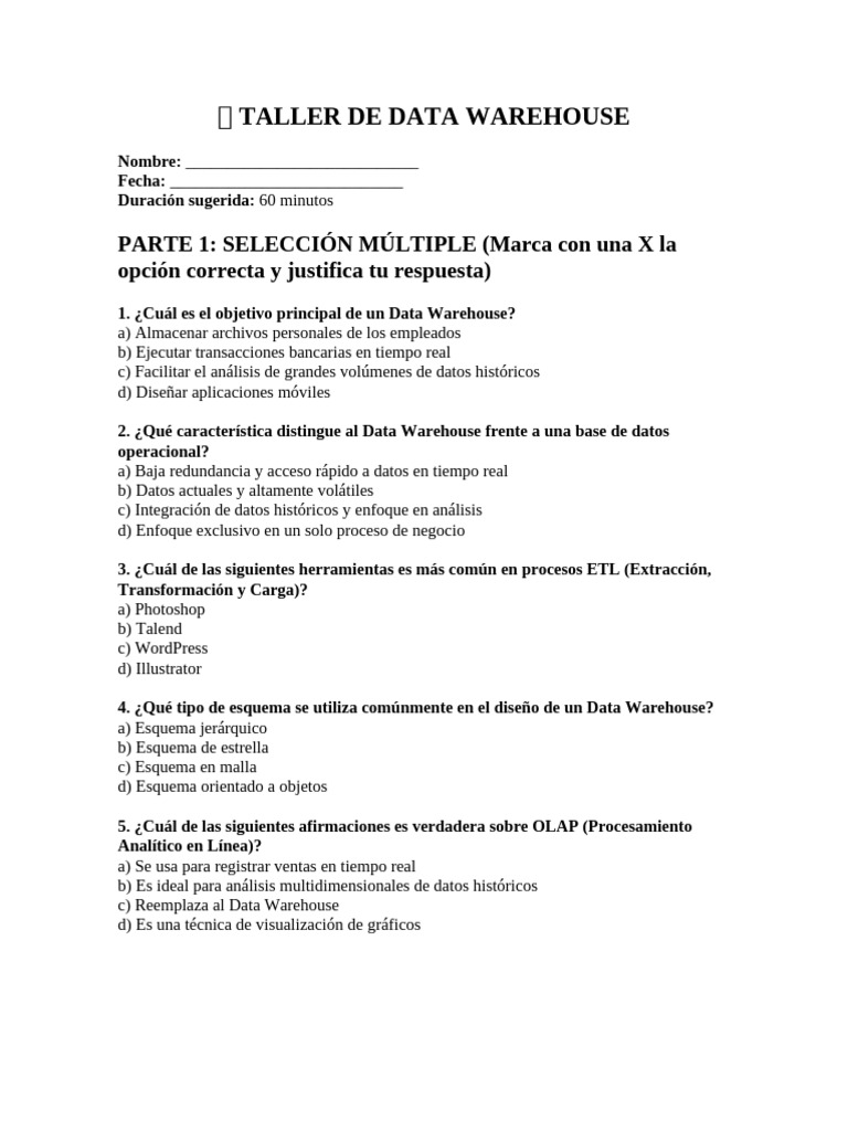 ? Taller de Data Warehouse | PDF | Almacén de datos | Informática