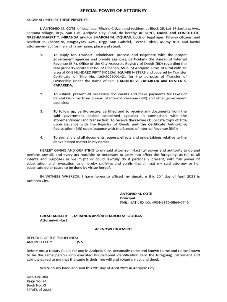 Special Power of Attorney of Antonio M. Cote (Haert Bir) | PDF ...
