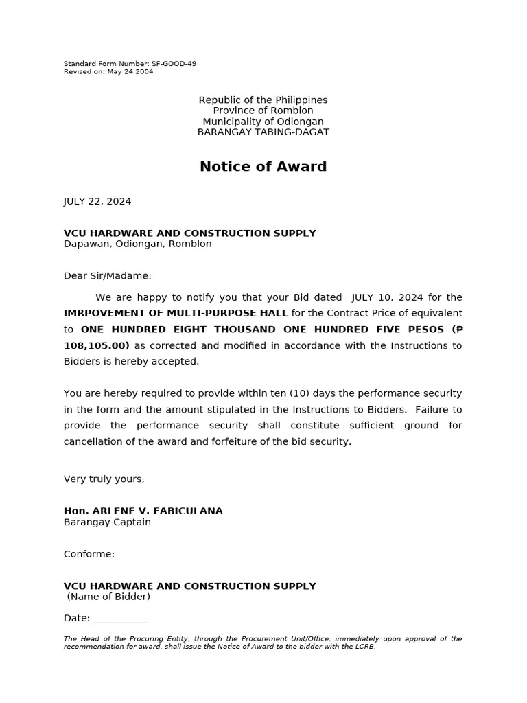 Notice of Award for 2024 Contract | PDF