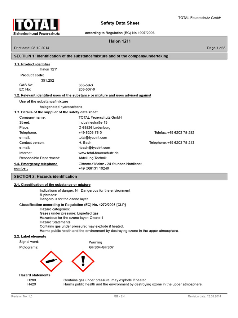 Halon 1211 Safety Data Sheet | PDF | Dangerous Goods | Waste