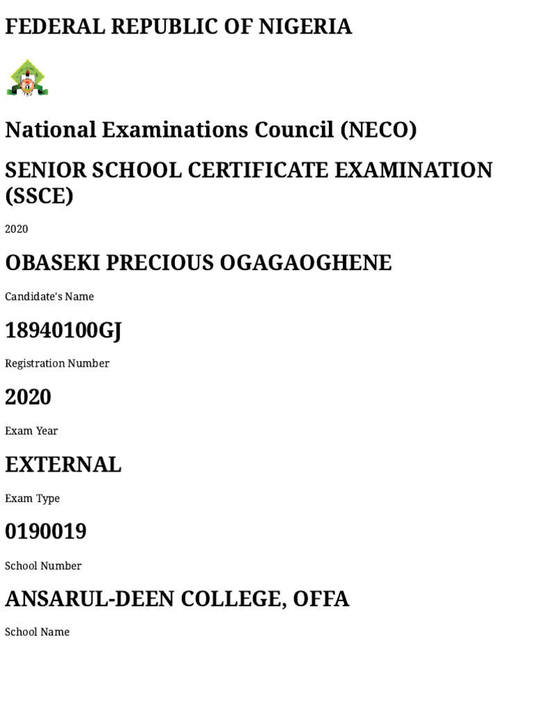 NECO 2020 SSCE Results Summary | PDF