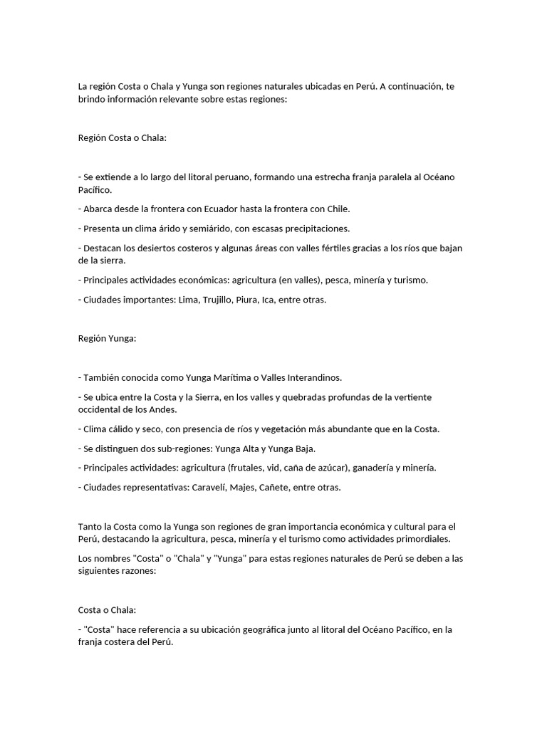 Regiones Costa y Yunga del Perú: Clima y Economía | PDF | Perú ...