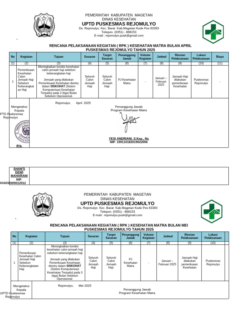 RPK Bulanan Kesehatan Matra 2025 | PDF
