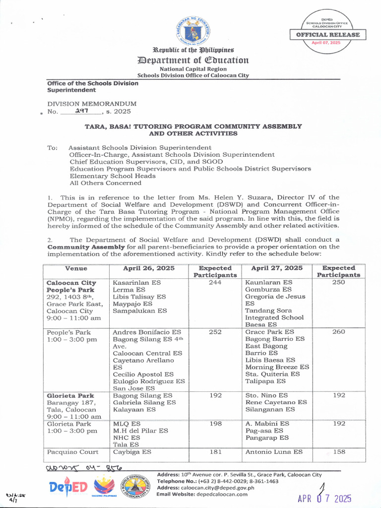 DM No. 297 S. 2025 Tara Basa Tutoring Program Community Assembly and Other Activities | PDF