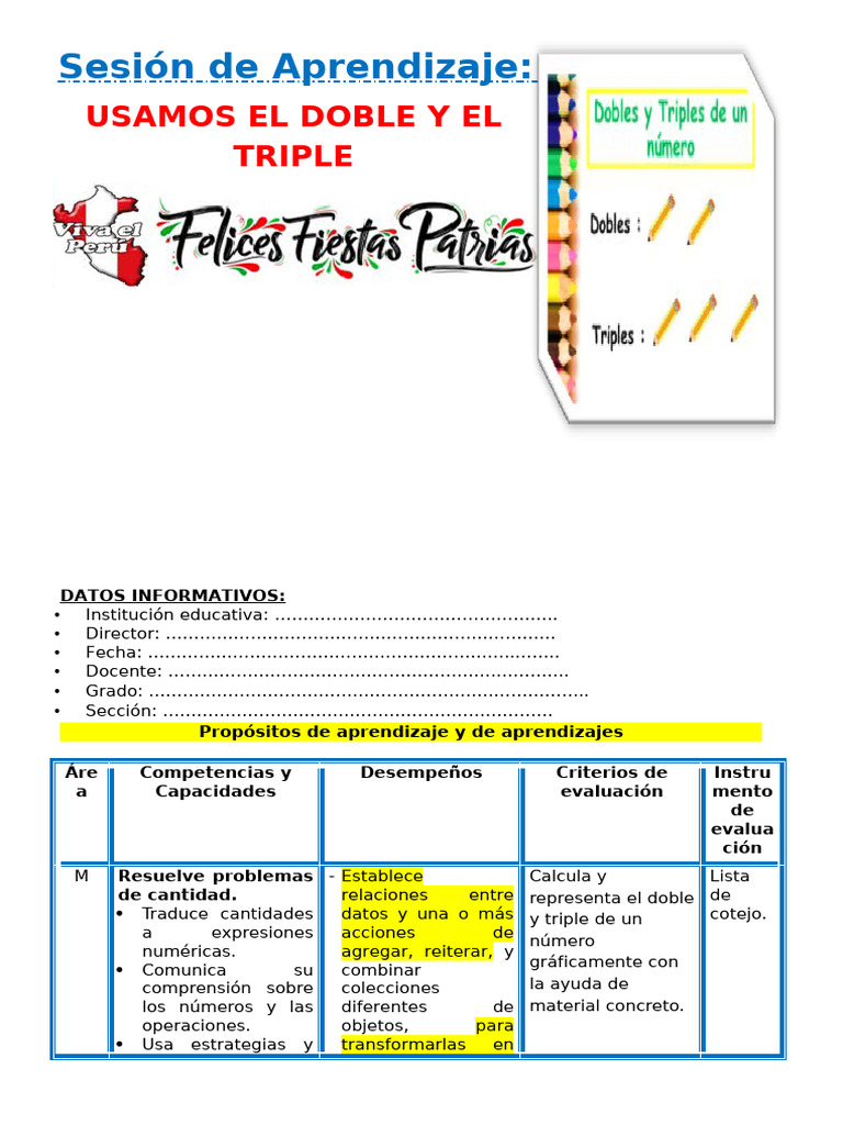 3° Sesión Día 4 Mat Usamos El Doble y El Triple | PDF | Aprendizaje