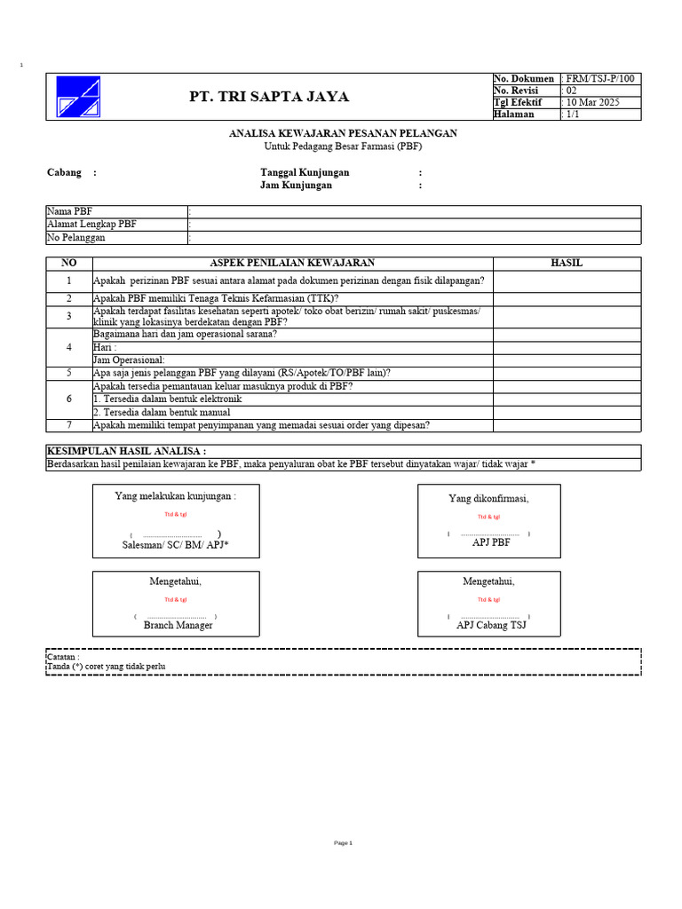 100 Form Analisa Kewajaran Pesanan Pelanggan PBF (Revisi) | PDF