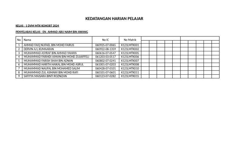 Senarai Nama Pelajar 1 DVM MTK 2024 | PDF