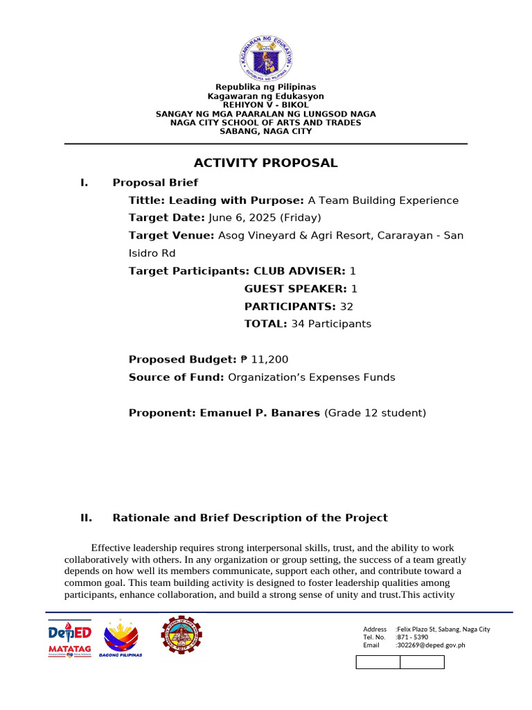 Activity Proposal Template Emans Leadership Team Building | PDF | Team Building | Leadership