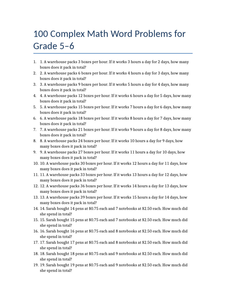 100 Complex Math Word Problems Grade5-6 | PDF | Chess | Chess Theory