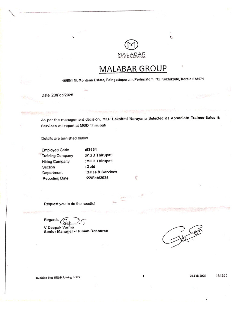 Malabar Joining Letter | PDF