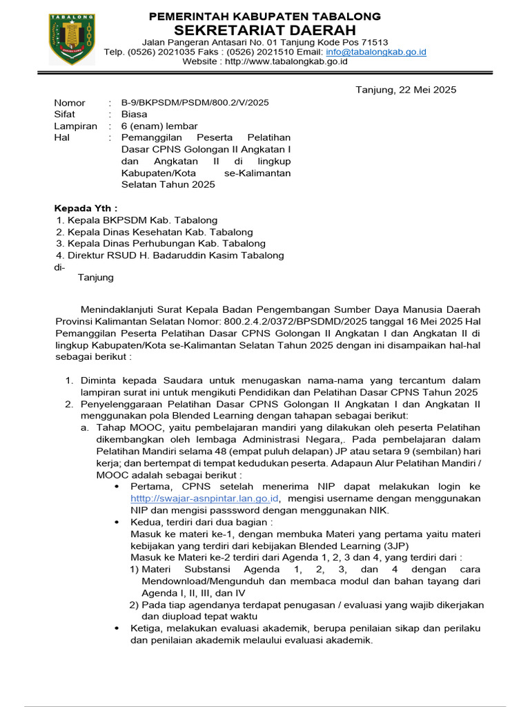 Surat Pemanggilan Latsar CPNS Gol II Angkatan I | PDF