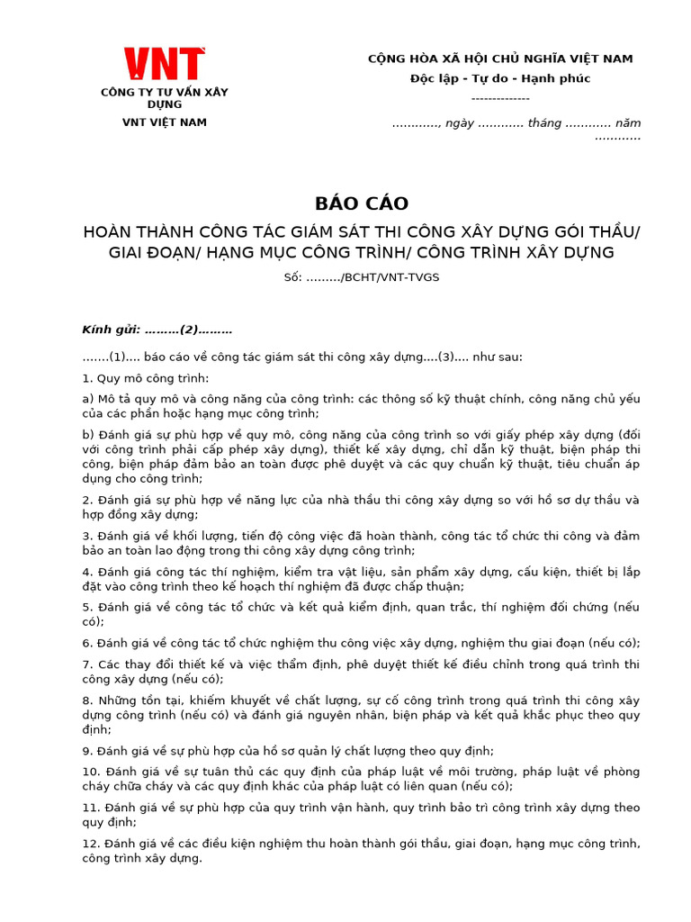 VNT - QLCL - 08B - Bao Cao Hoan Thanh Cong Trinh Cua TVGS Theo TT 04-2019 | PDF