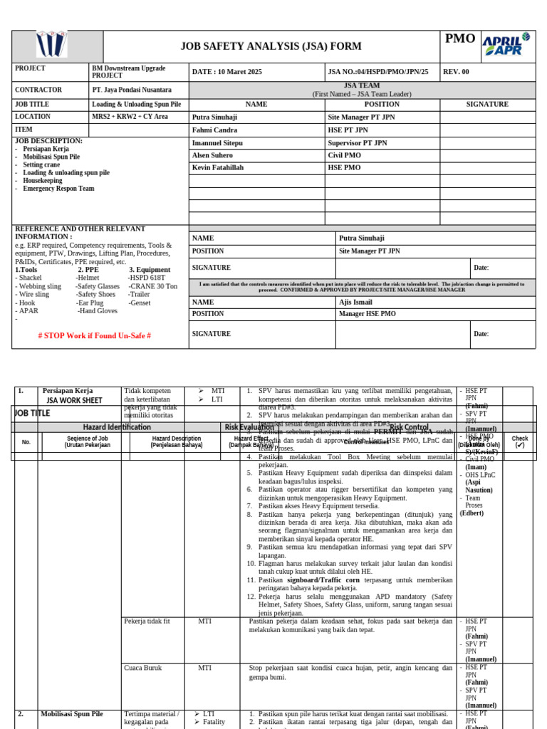 JSA Loading & Unloading Spun Pile HSPD MRS2 | PDF | Gases | Combustion