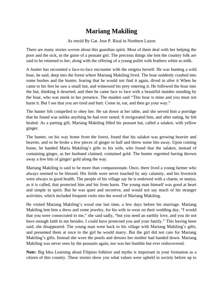 Mariang Makiling - WORK SHEET | PDF | Philippines | Folklore