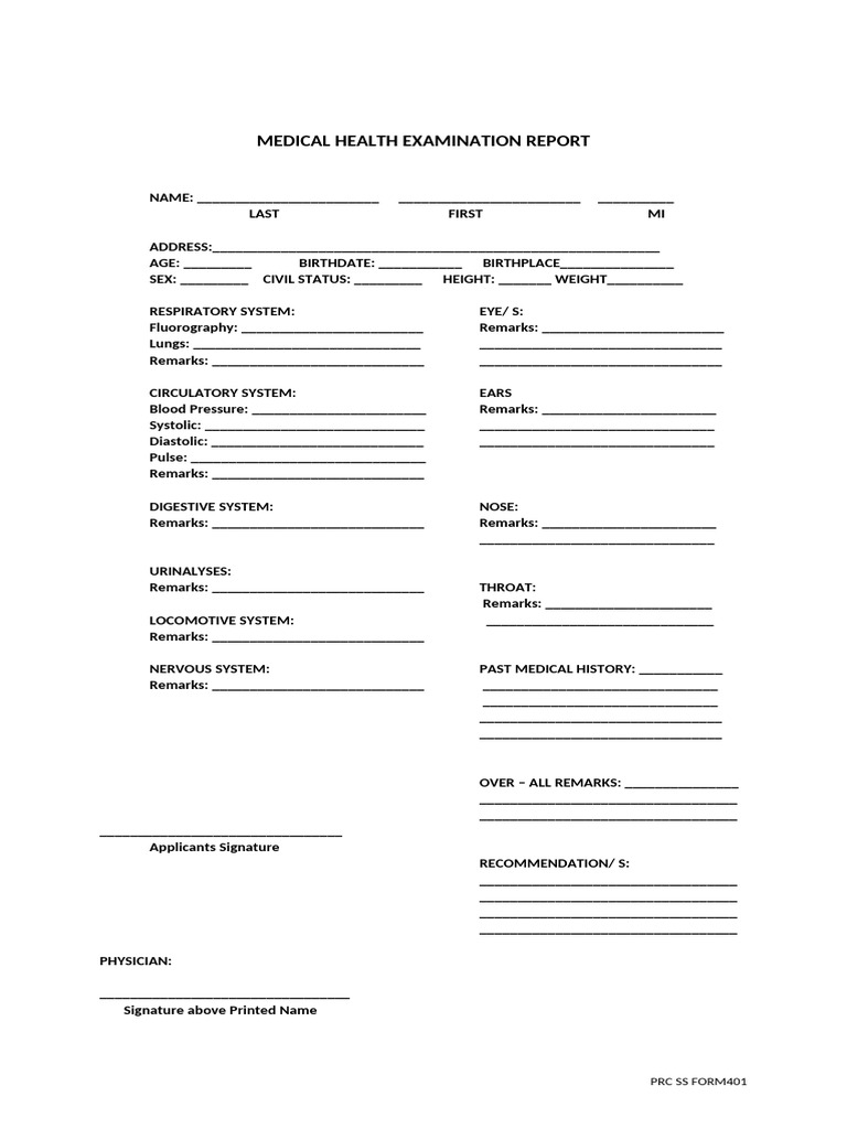 Medical Health Examination Report | PDF | Blood Pressure ...