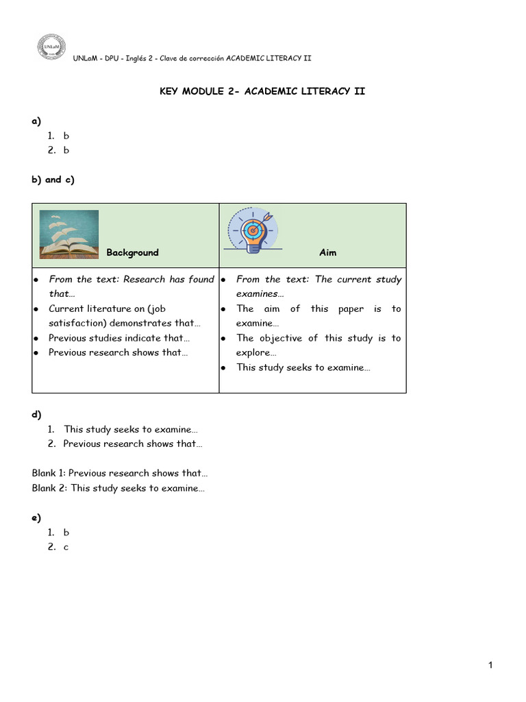 Academic Literacy II Correction Key | PDF