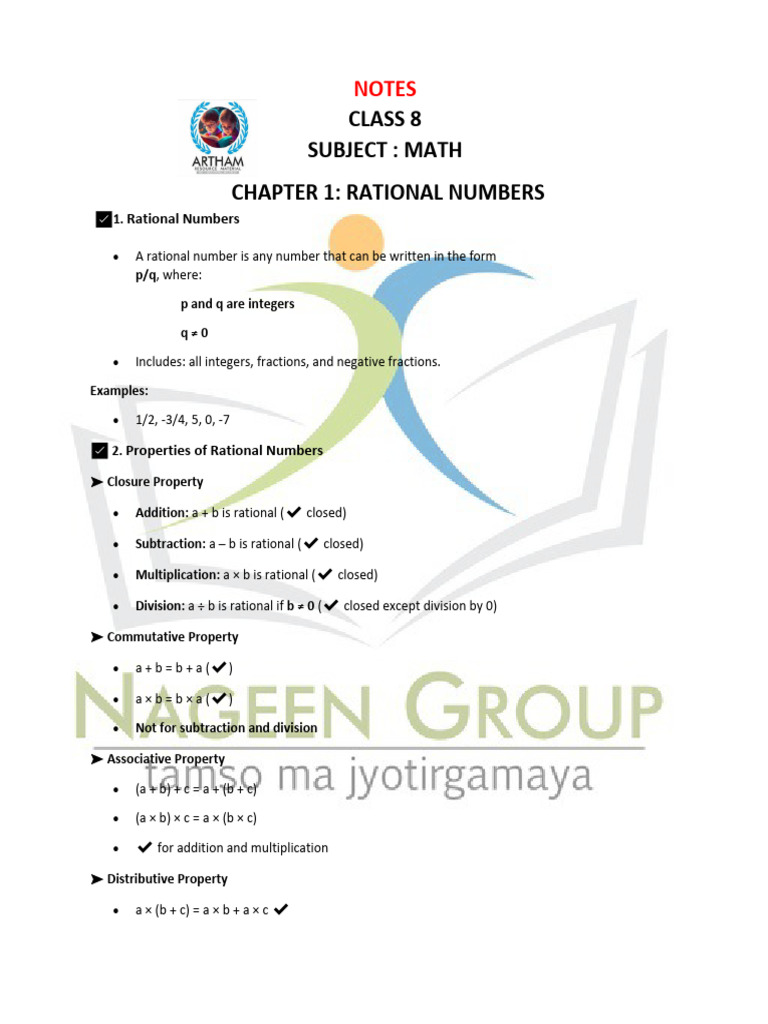 Class 8 Math Notes CH 1 Rational Numbers | PDF | Multiplication ...
