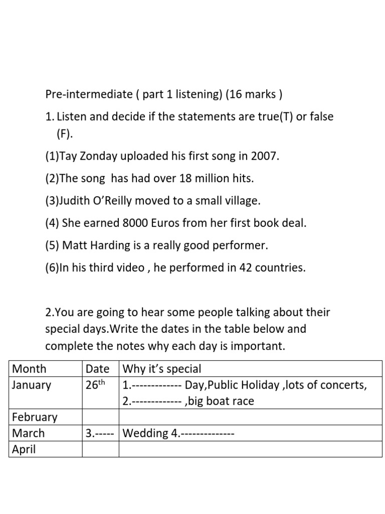 Pre-Intermediate Listening & Reading Tasks | PDF