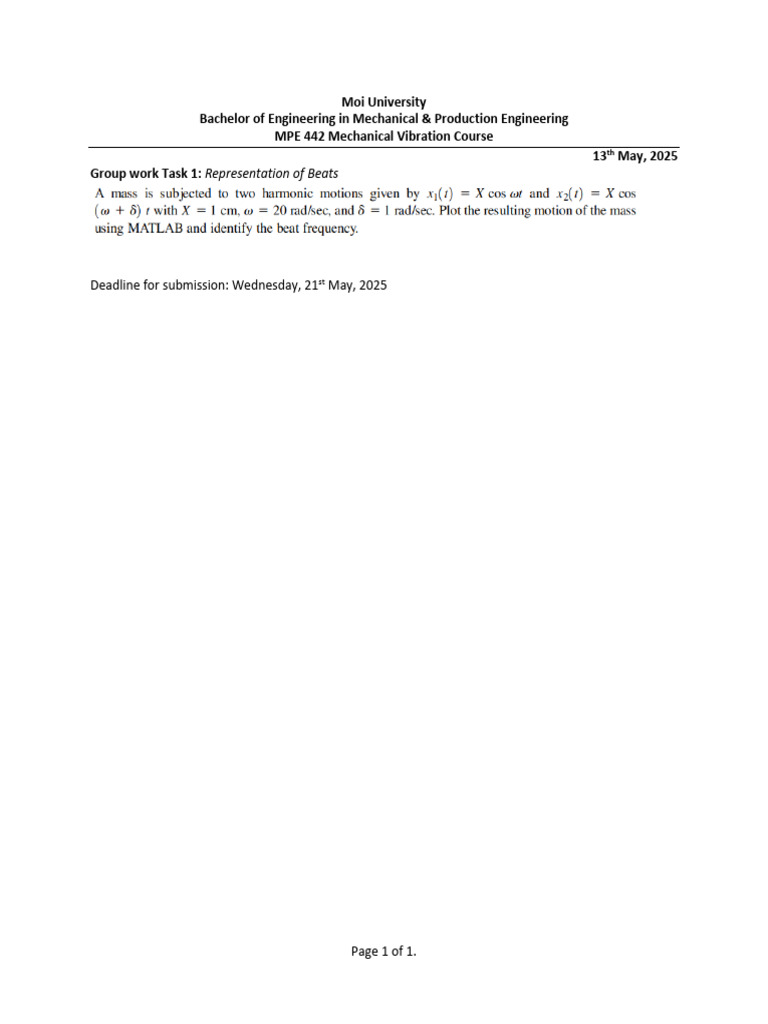MPE 442 - Task 1 - Findamental To Mechanical Vibration Task Using Matlab | PDF