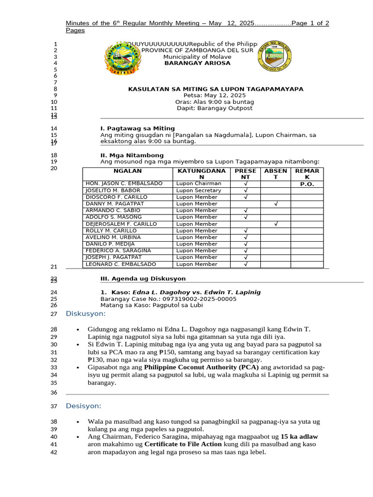 Lupon Minutes May 12, 2025 | PDF