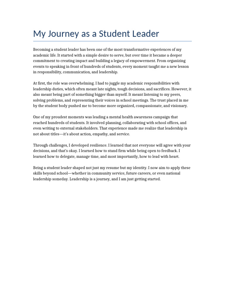 My Journey As A Student Leader | PDF