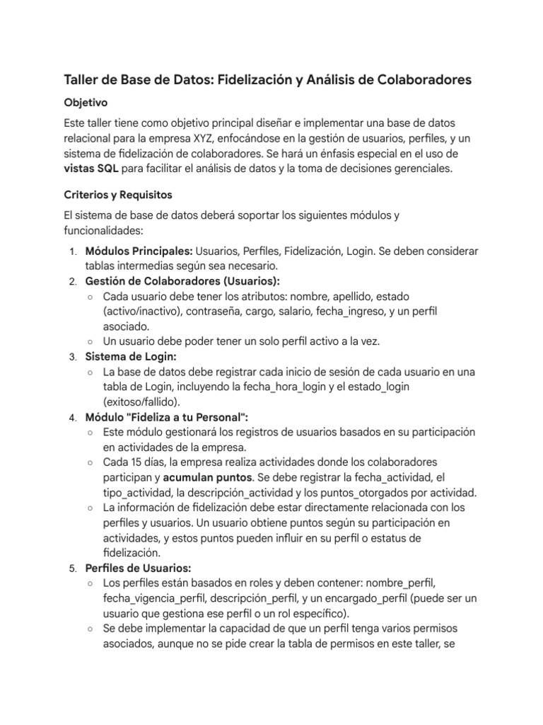 Taller #2 - Fidelización y Análisis de Colaboradores - Base de Datos II | PDF | Bases de datos | SQL