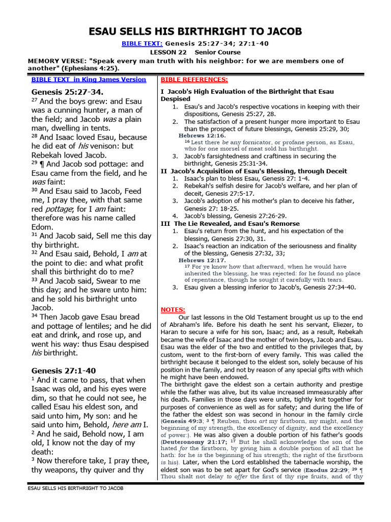 2 - 22s - Esau Sells His Birthright To Jacob | PDF | Jacob | Rebecca
