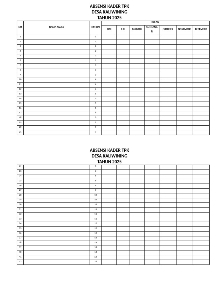 NO Nama Kader Tim TPK Bulan Juni Juli Agustus Septembe R Oktober November Desember | PDF
