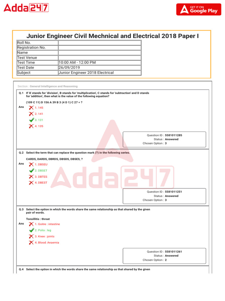 Junior Engineer Exam Reasoning Questions | PDF | Question