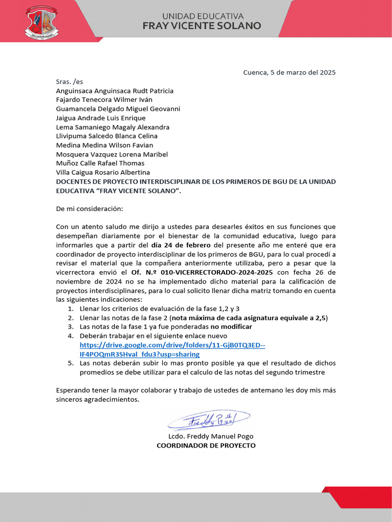 Oficio N 1 Matriz de Evaluación de Proyecto | PDF