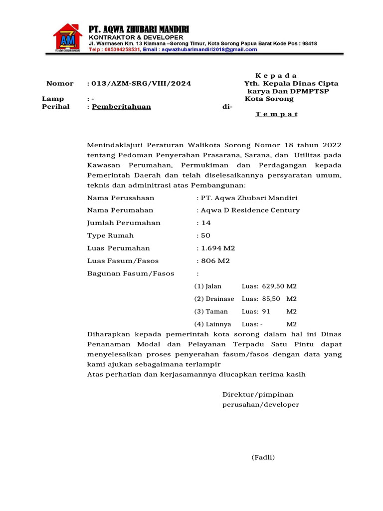Form Surat Penyerahan Fasum Fasos Oleh Dev Adrc | PDF