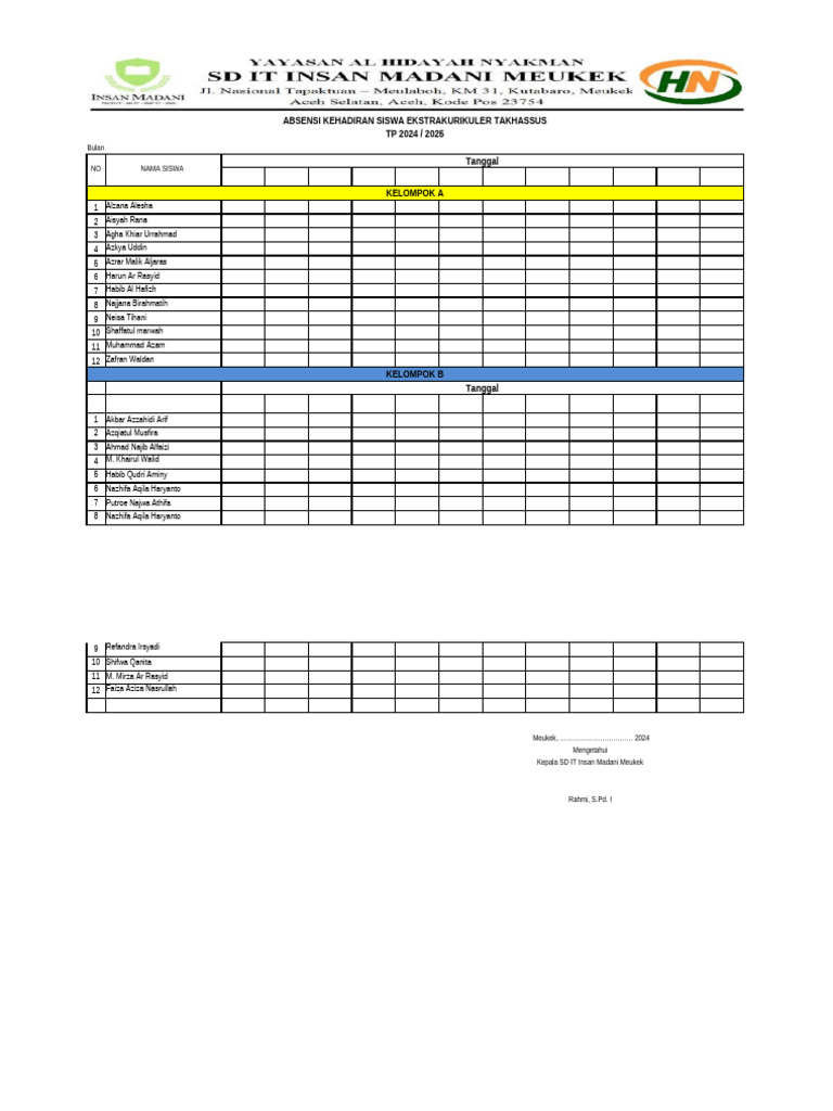 Absensi Ekstrakurikuler Siswa 2024 | PDF