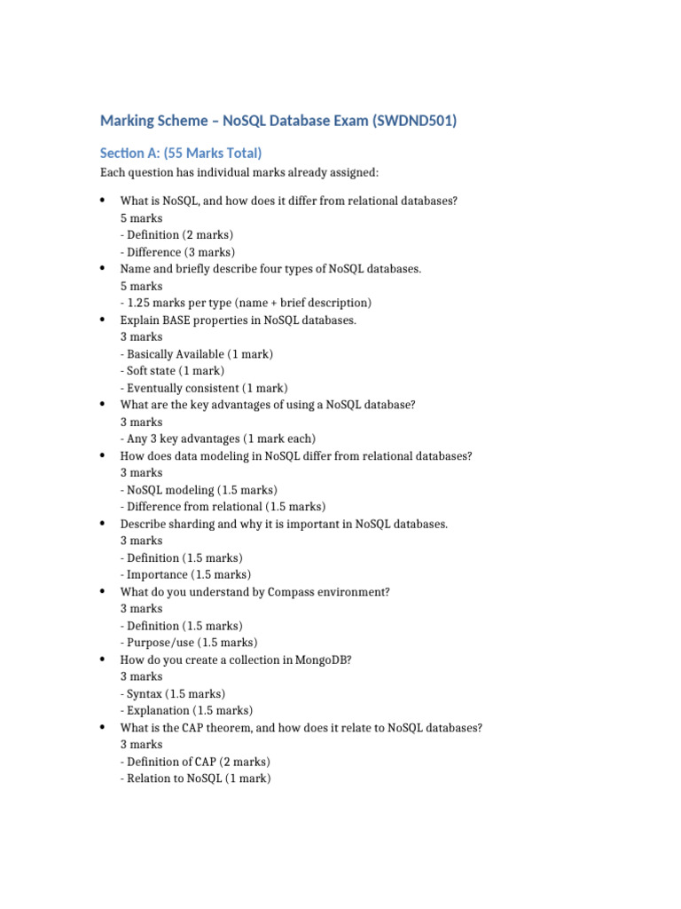 NoSQL Exam Marking Scheme | PDF | No Sql | Databases