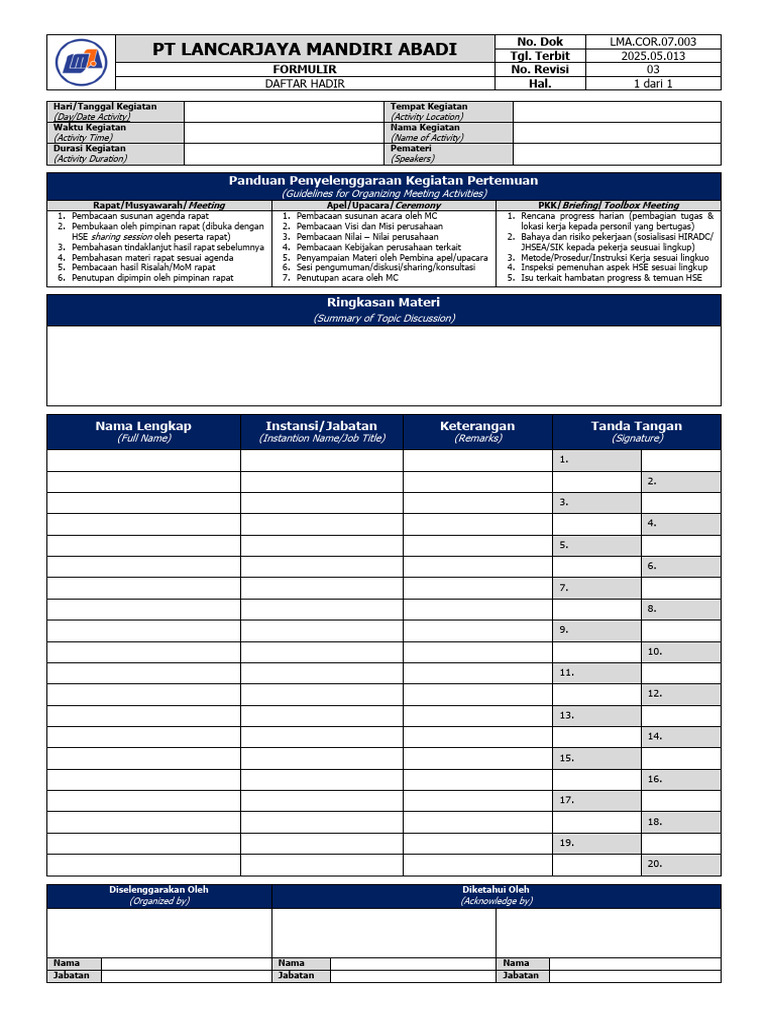 LMA - Cor.07.003 Rev.03 Formulir Daftar Hadir | PDF