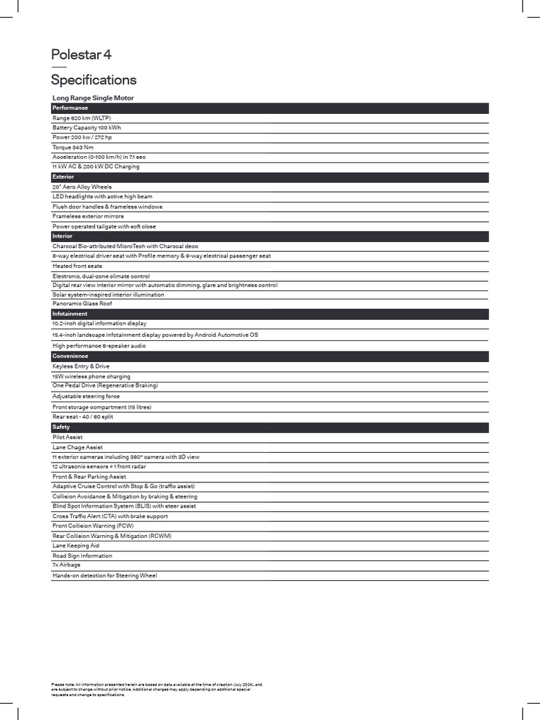Polestar 4 Specifications Overview | PDF