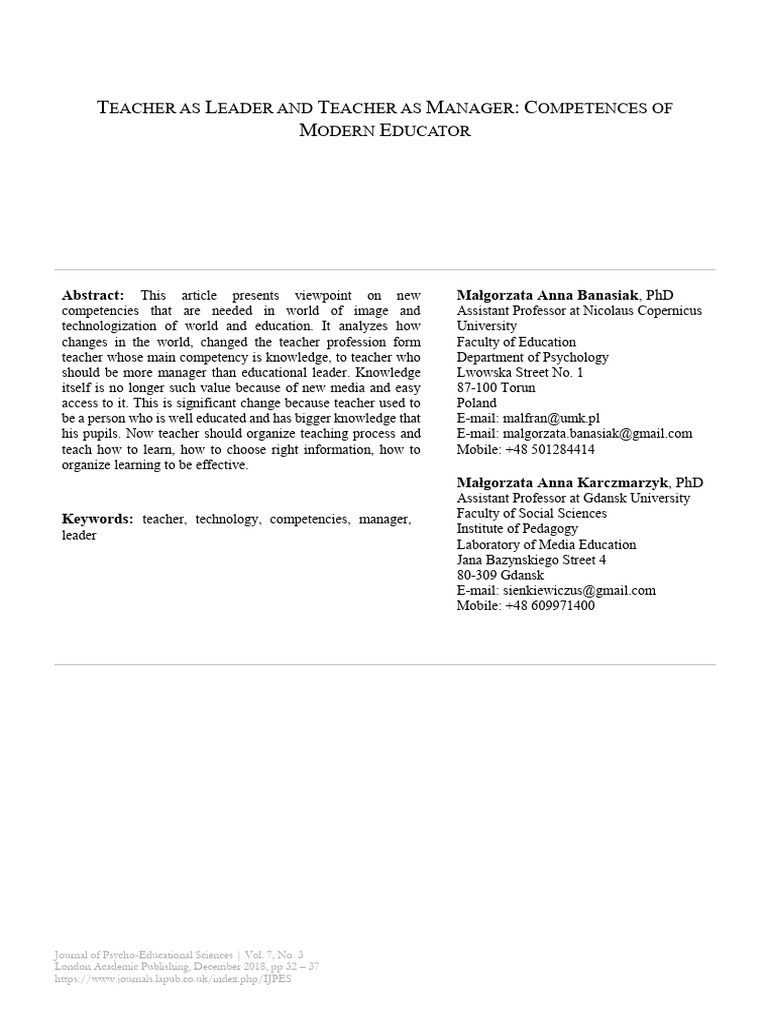 Teacher as Manager in Modern Education | PDF | Teachers | Leadership