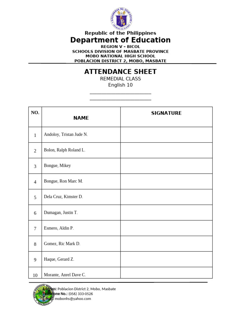 Attendance Sheet - Remedial Class | PDF