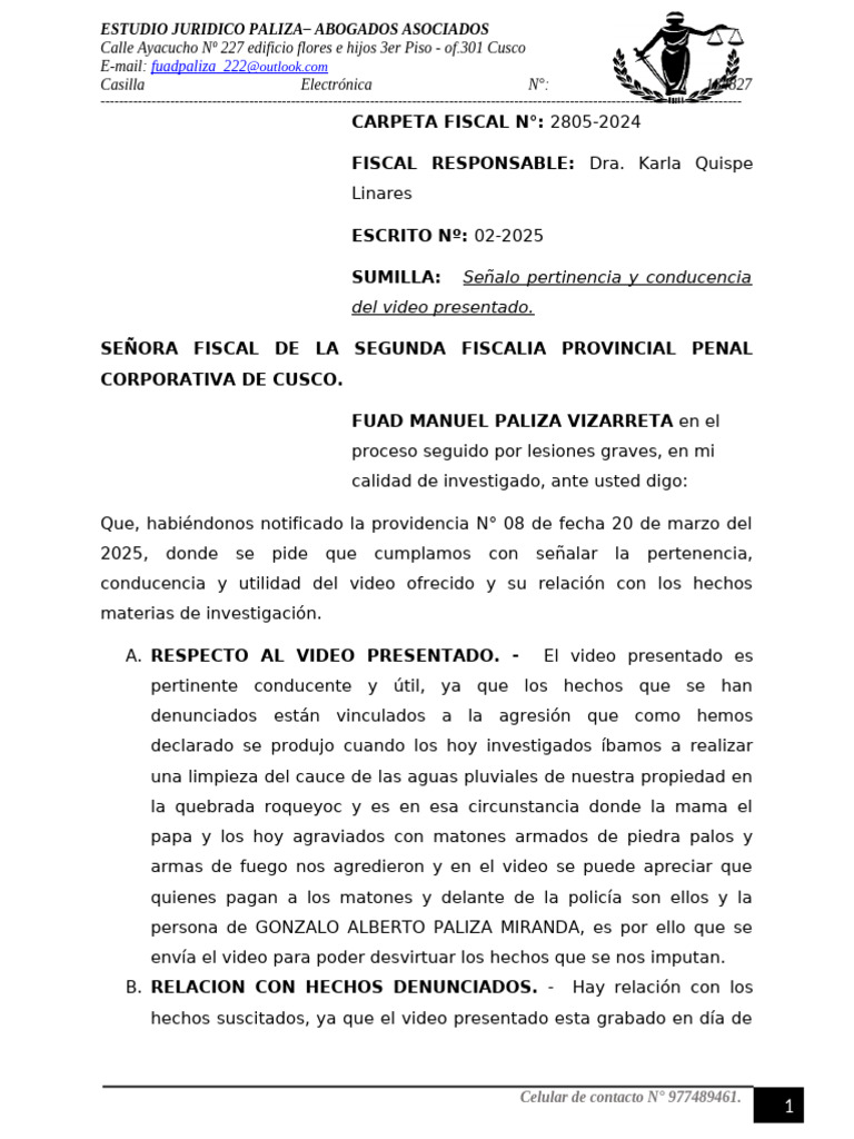 Presenta Escrito de Pertinencia y Conducencia de Video | PDF