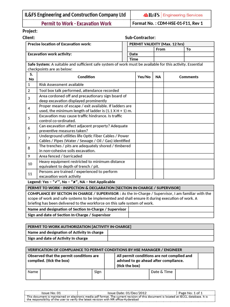 CDM HSE 01 F11 PTW Excavation Work | PDF