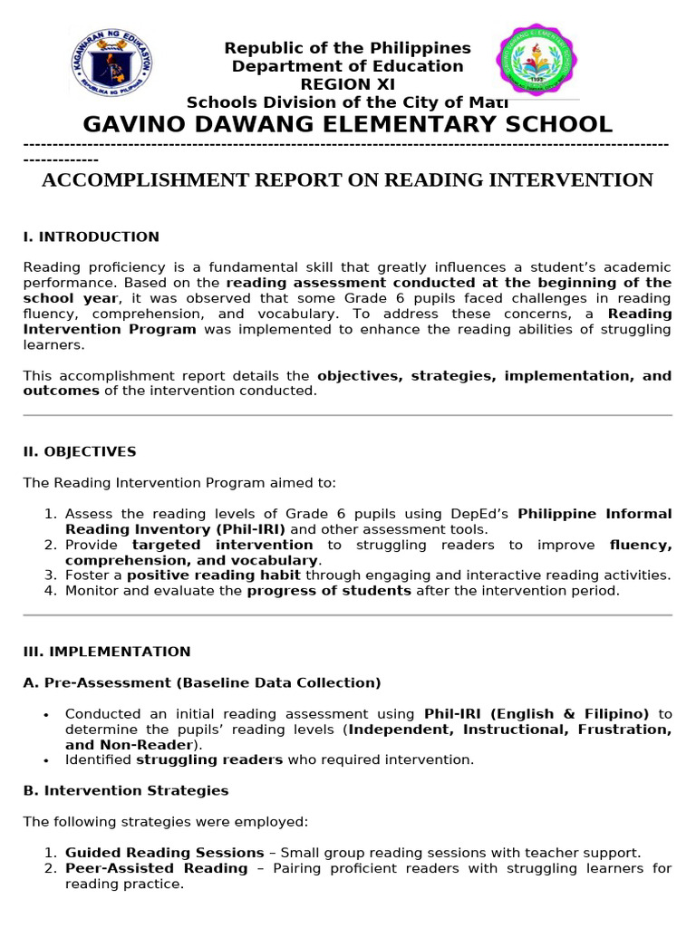 Accomplishment Report On Reading Intervention | PDF | Reading Comprehension | Cognitive Science