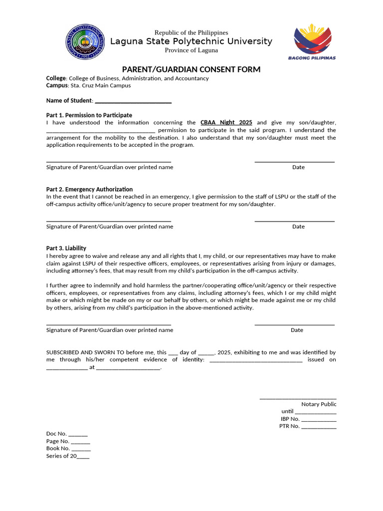 Parent Guardian ConsentForm CBAA Night | PDF | Justice | Crime & Violence